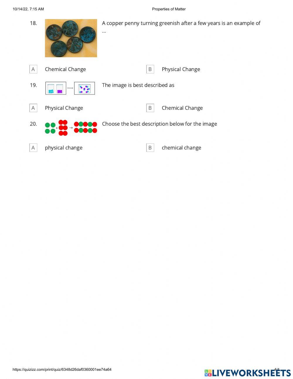 Chemical change | Free Interactive Worksheets | 2176858