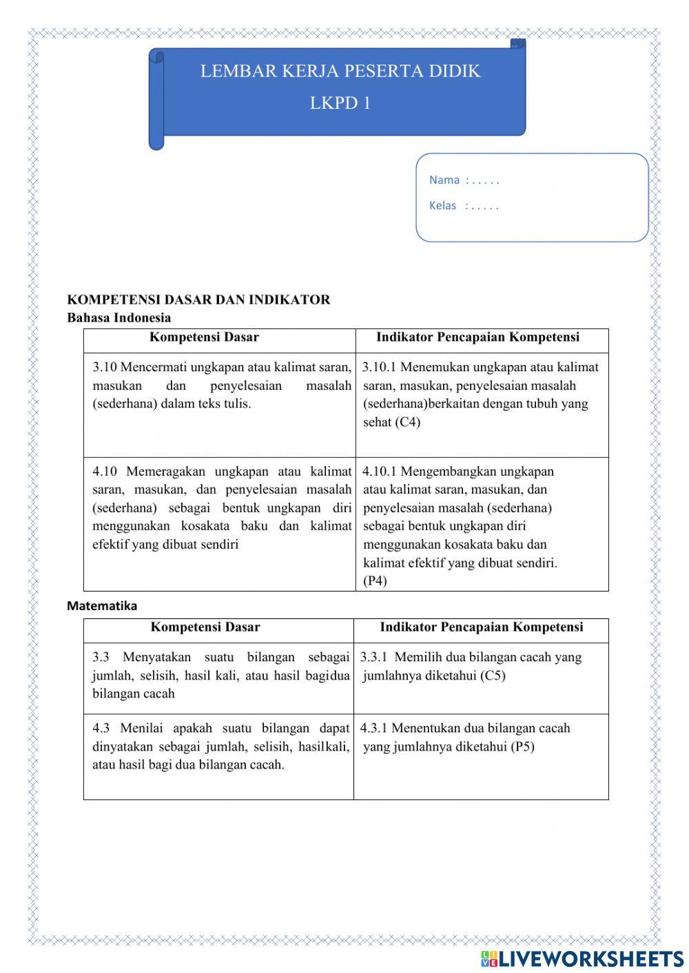 Lkpd tema 4 Tematik worksheet | Live Worksheets