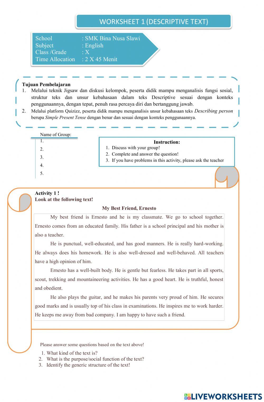 SIMPLE PRESENT IN DESCRIPTIVE TEXT online exercise for | Live Worksheets
