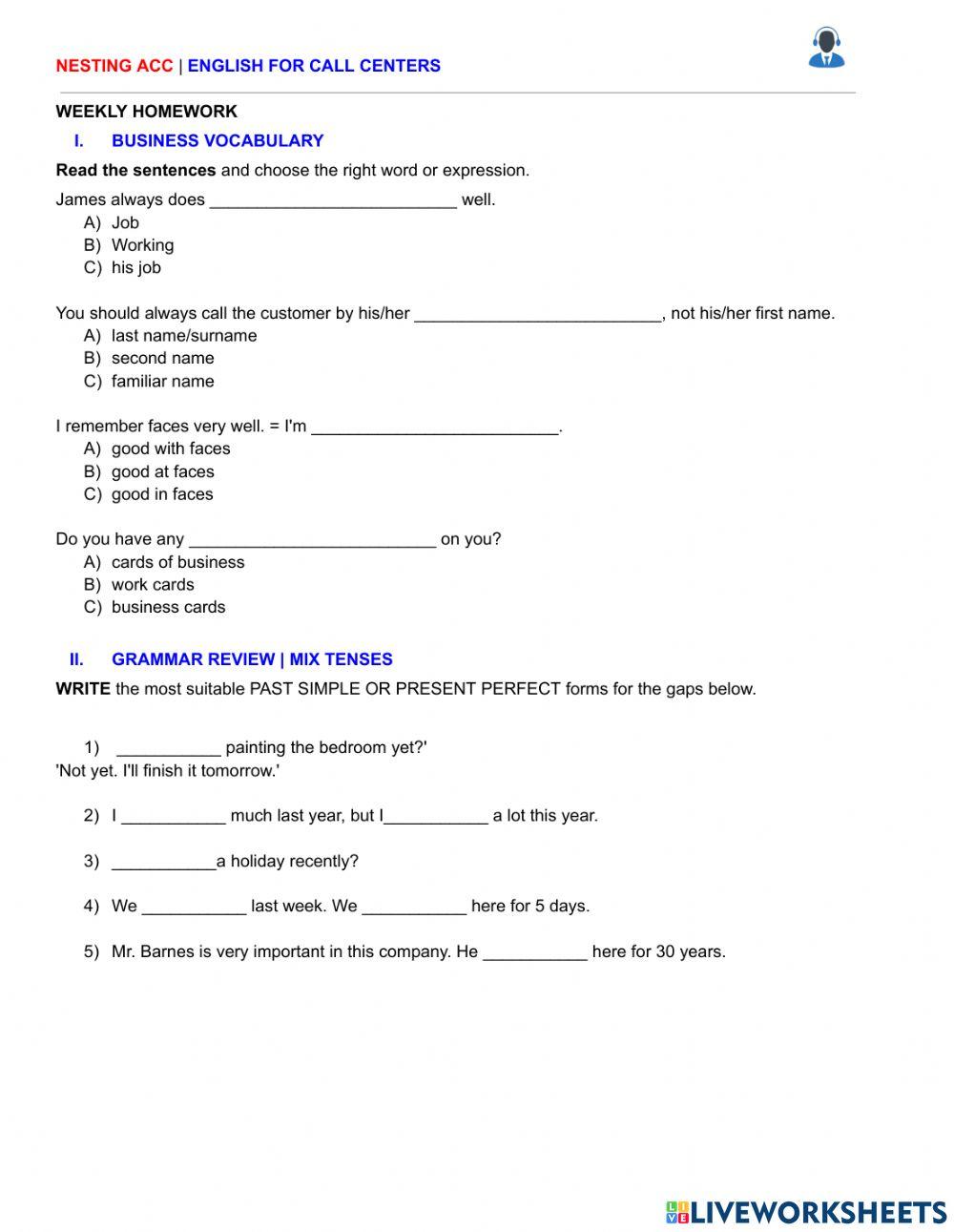 Call Center Test 3 worksheet | Live Worksheets