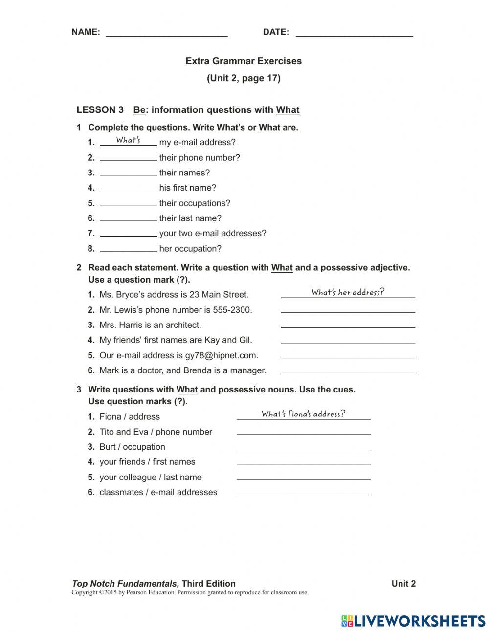 Grammar Extra Unit 2 online exercise for | Live Worksheets