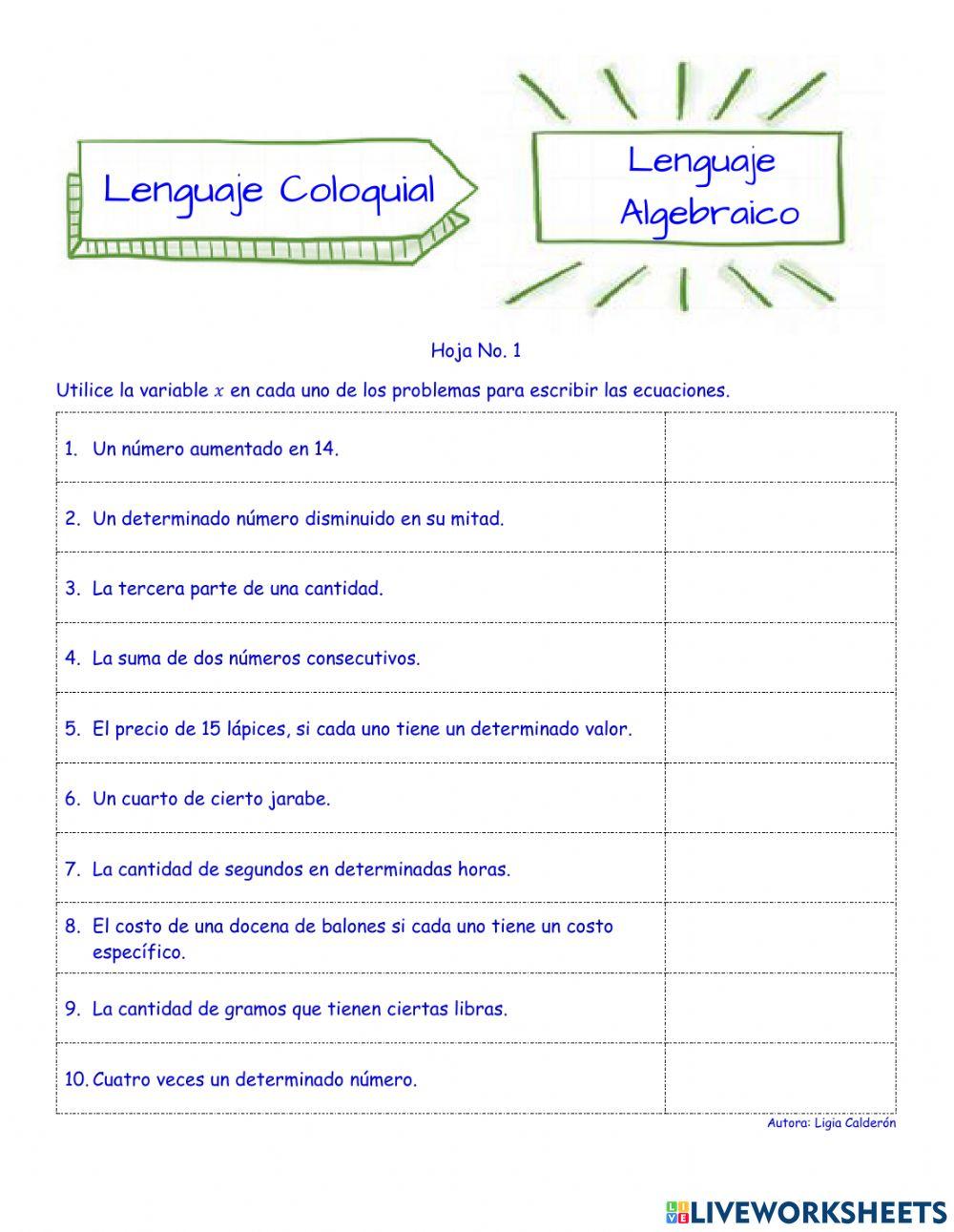 Lenguaje coloquial a algebraico worksheet | Live Worksheets