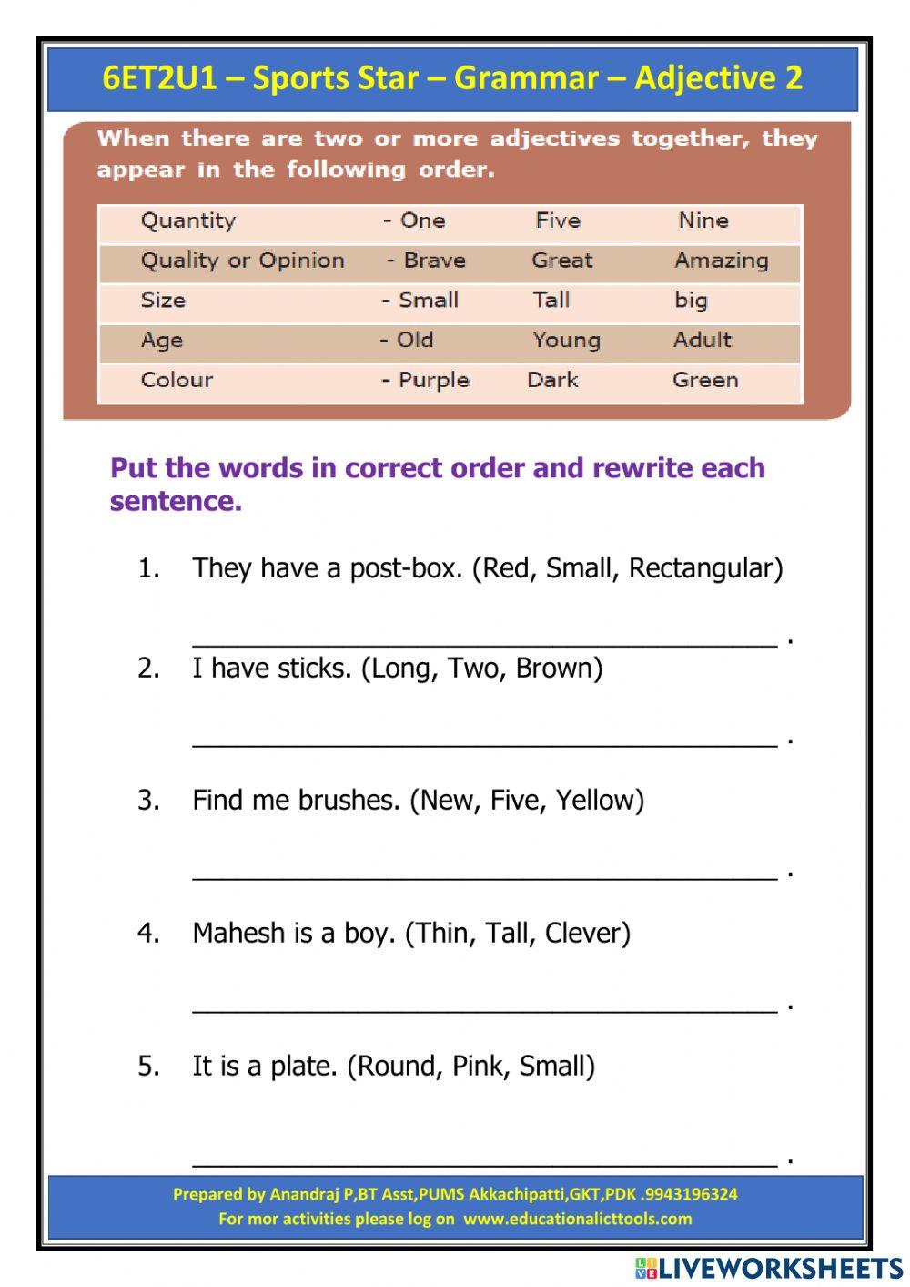 Adjectives online exercise for 6 | Live Worksheets