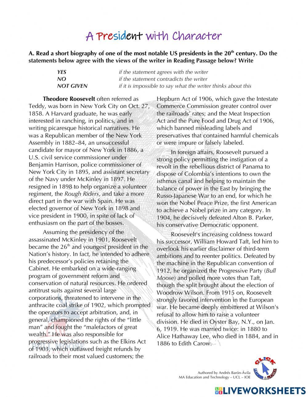 Reading Ex. - A President with character worksheet | Live Worksheets