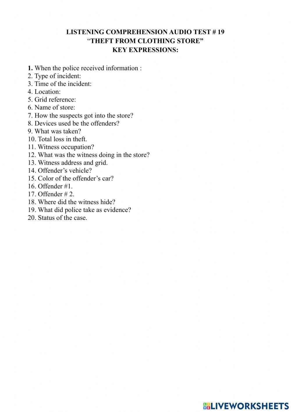 Audio test tape - 14 “theft from clothing store” worksheet | Live ...