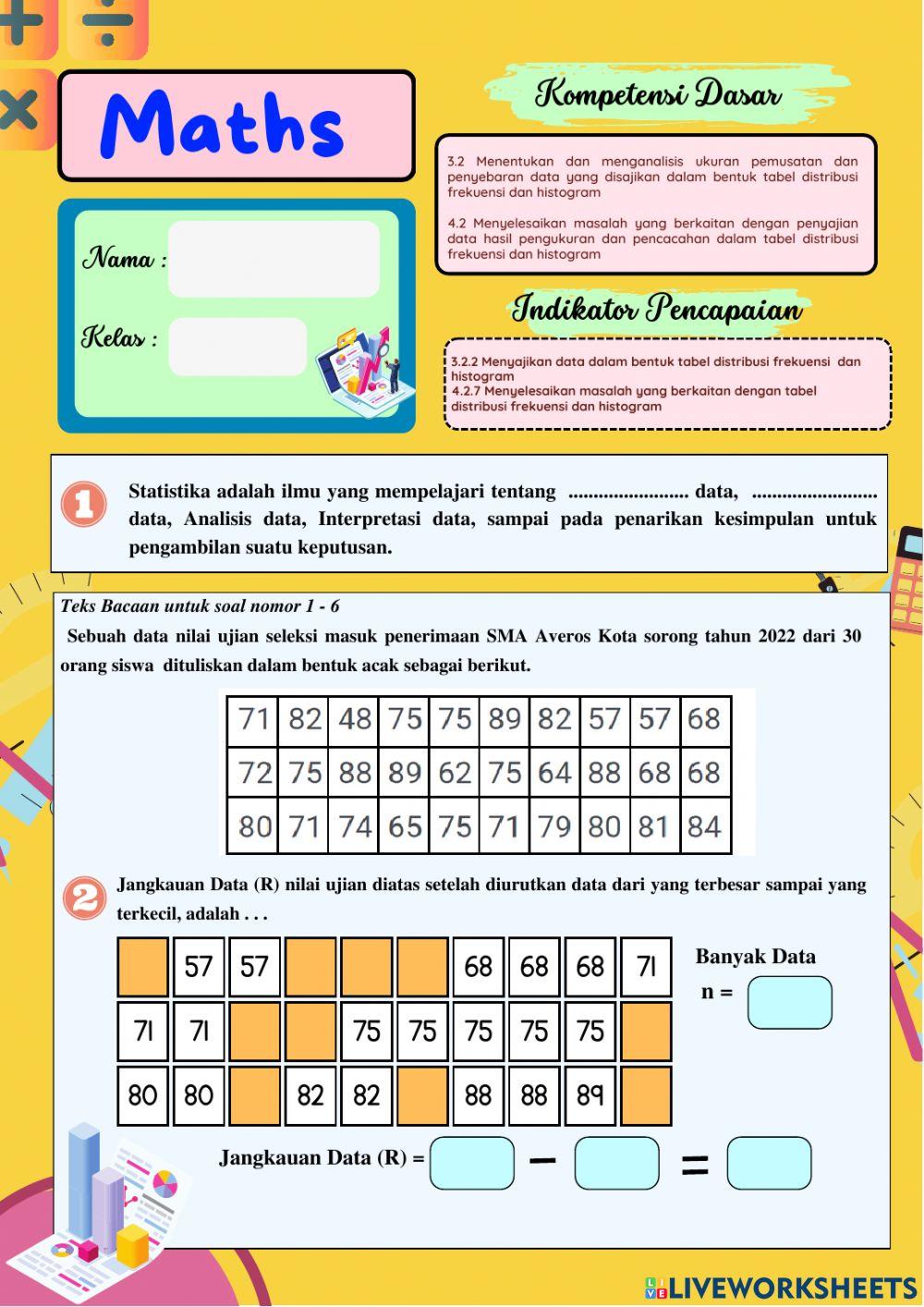 Statistika tabel distribusi frekuensi worksheet | Live Worksheets