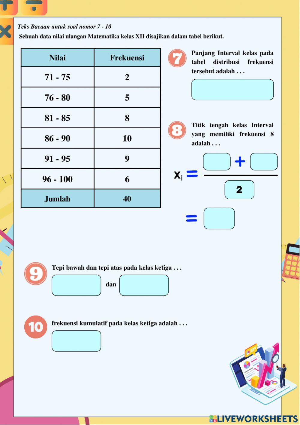 Statistika tabel distribusi frekuensi worksheet | Live Worksheets