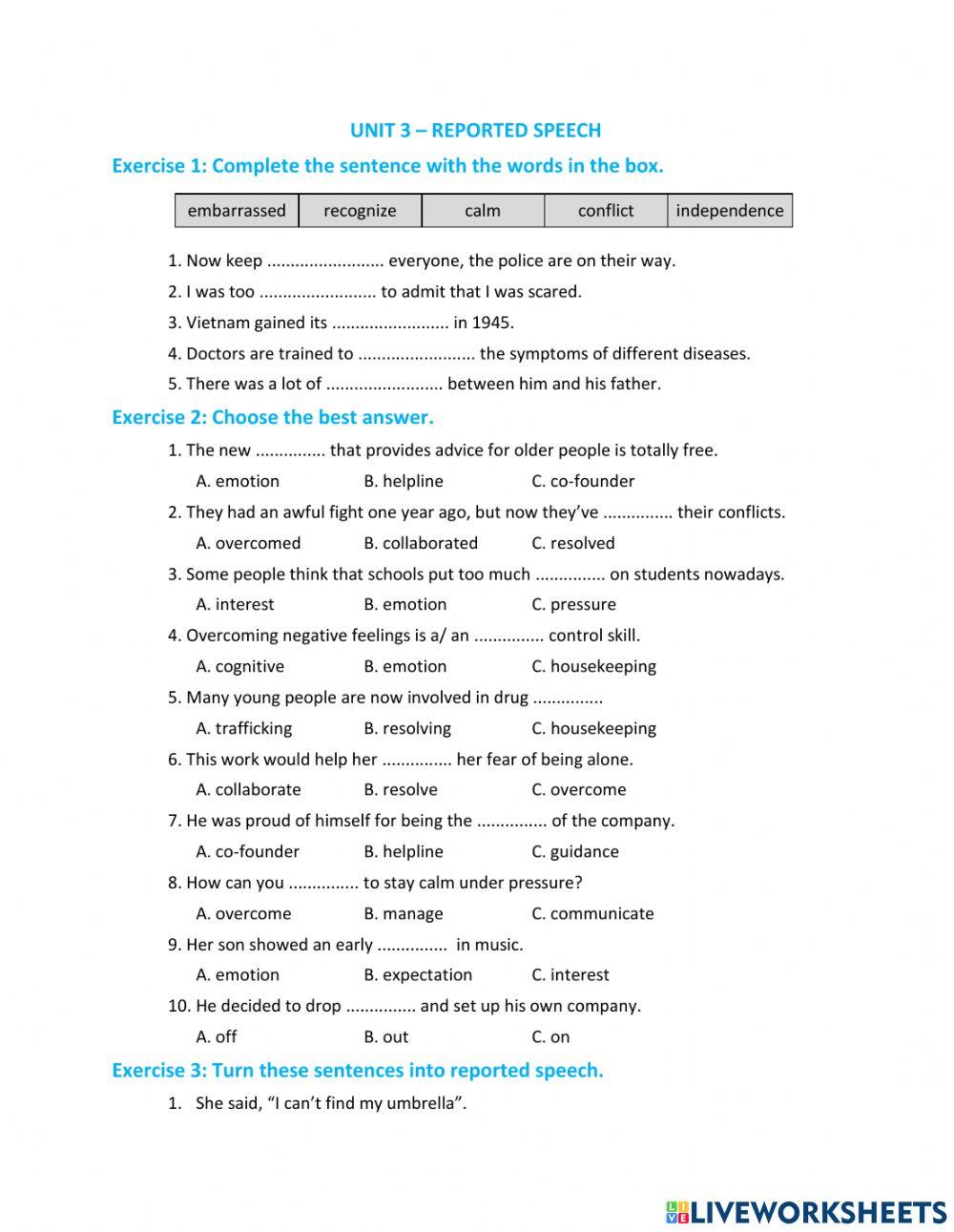 Reported speech 1646 | Hương Lan | Live Worksheets