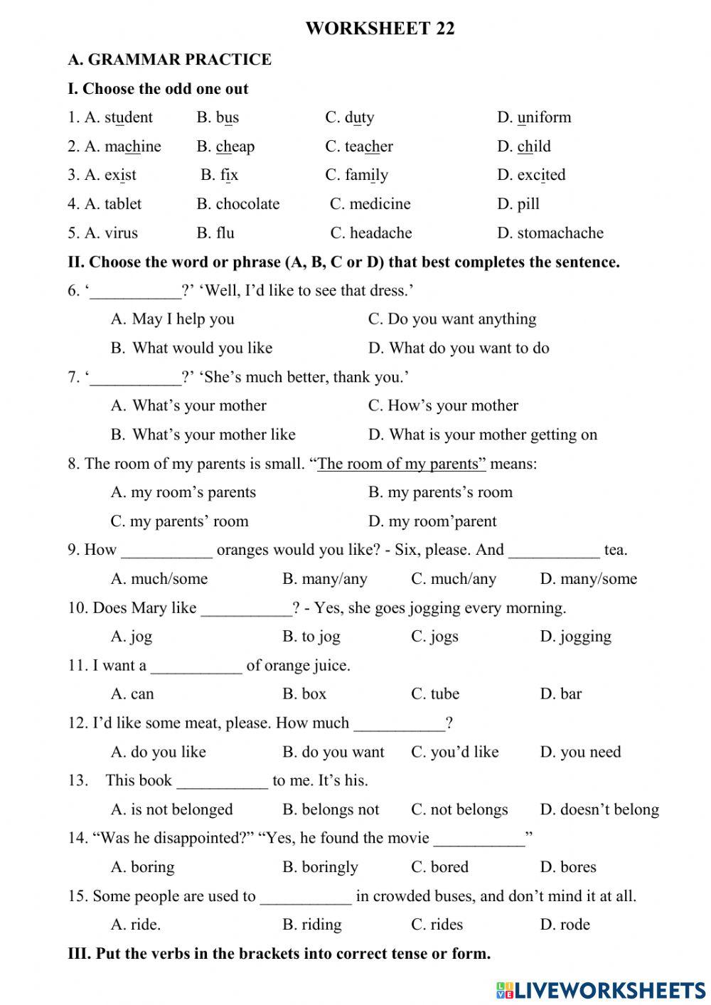 Worksheet 22 online activity | Live Worksheets