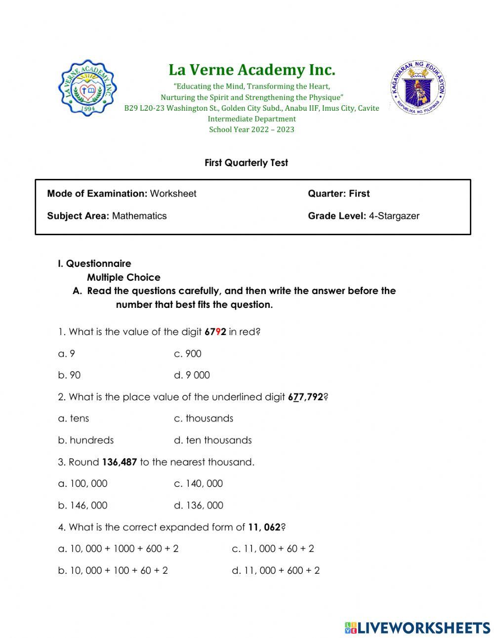 FIRST QUARTERLY TEST IN MATHEMATICS (A) online exercise for | Live ...