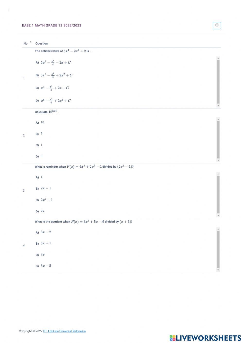 EASE 1 Math Grade 12 worksheet | Live Worksheets