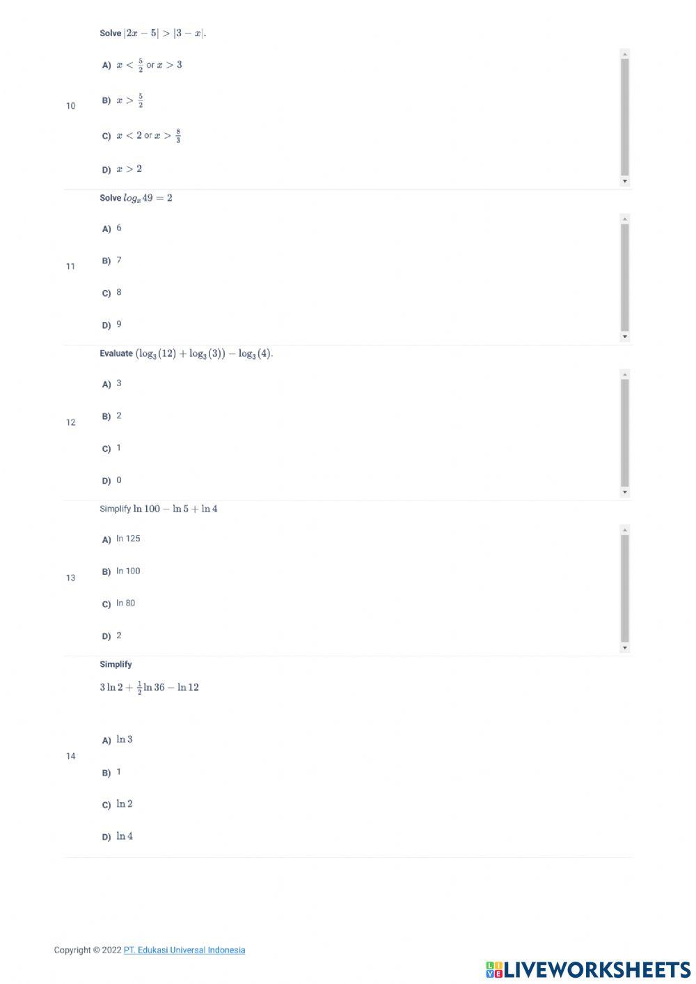 EASE 1 Math Grade 12 worksheet | Live Worksheets