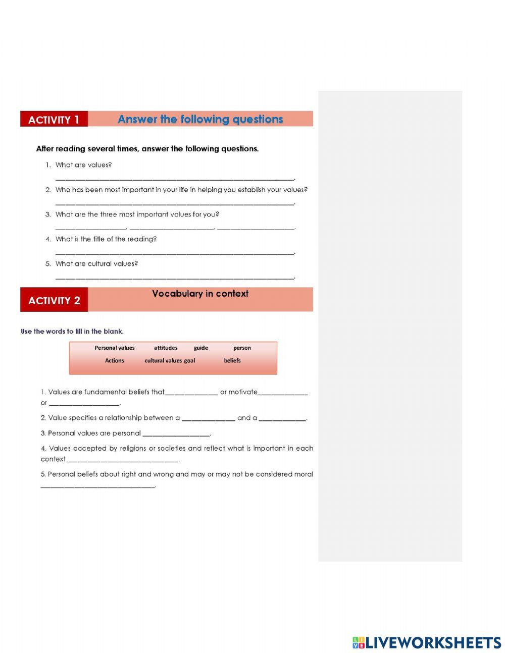 Values | Free Interactive Worksheets | 2180254