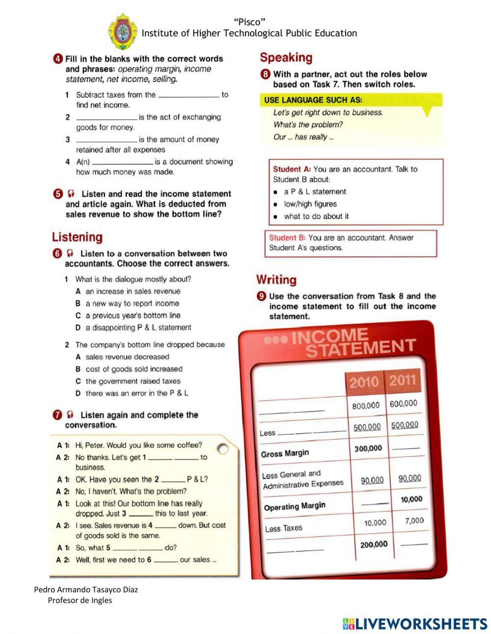 Income Statements worksheet | Live Worksheets