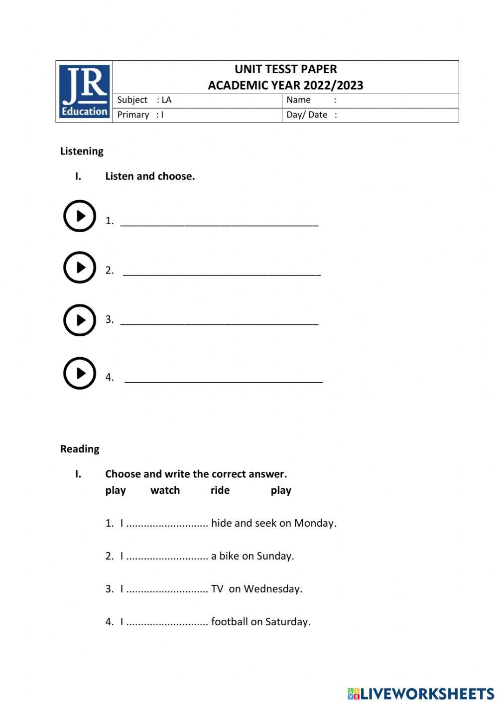 Unit Test CH 5 P1 worksheet | Live Worksheets
