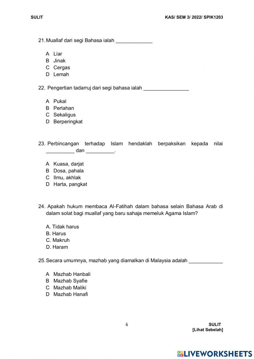 Fiqh mualaf bhg a midterm okt 2022 set 3 worksheet | Live Worksheets