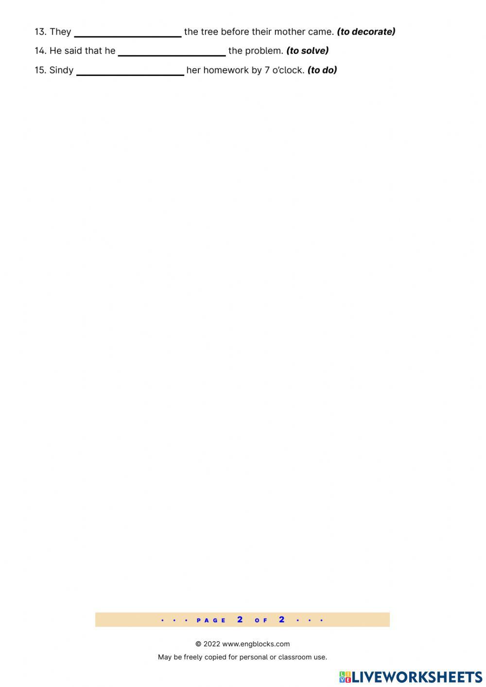 Past Perfect Simple -Positive Exercise 1 worksheet | Live Worksheets