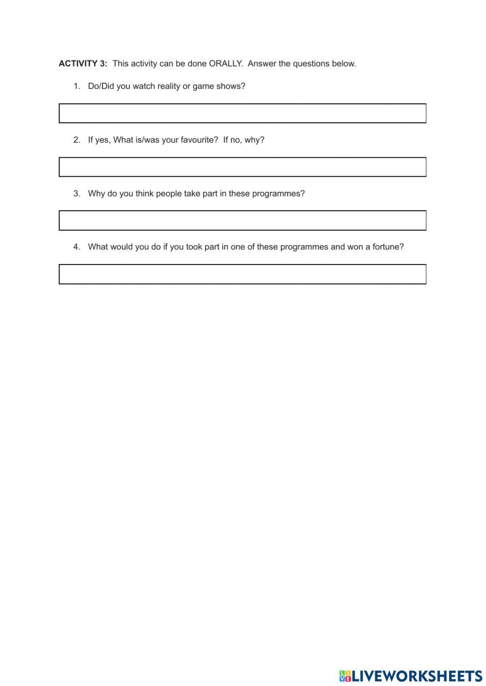 Reality and game shows worksheet | Live Worksheets
