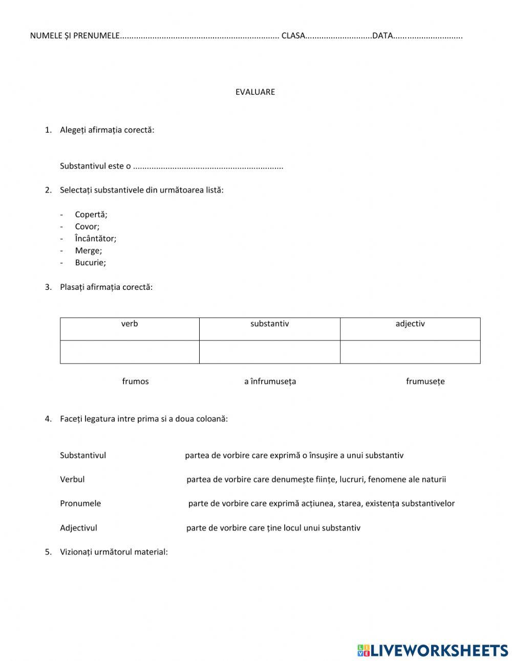 Parti de vorbire worksheet for CLASA a-IV-a | Live Worksheets