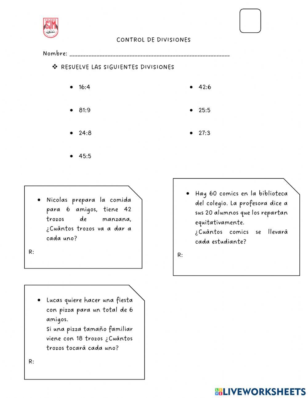 Control de divisiones activity | Live Worksheets