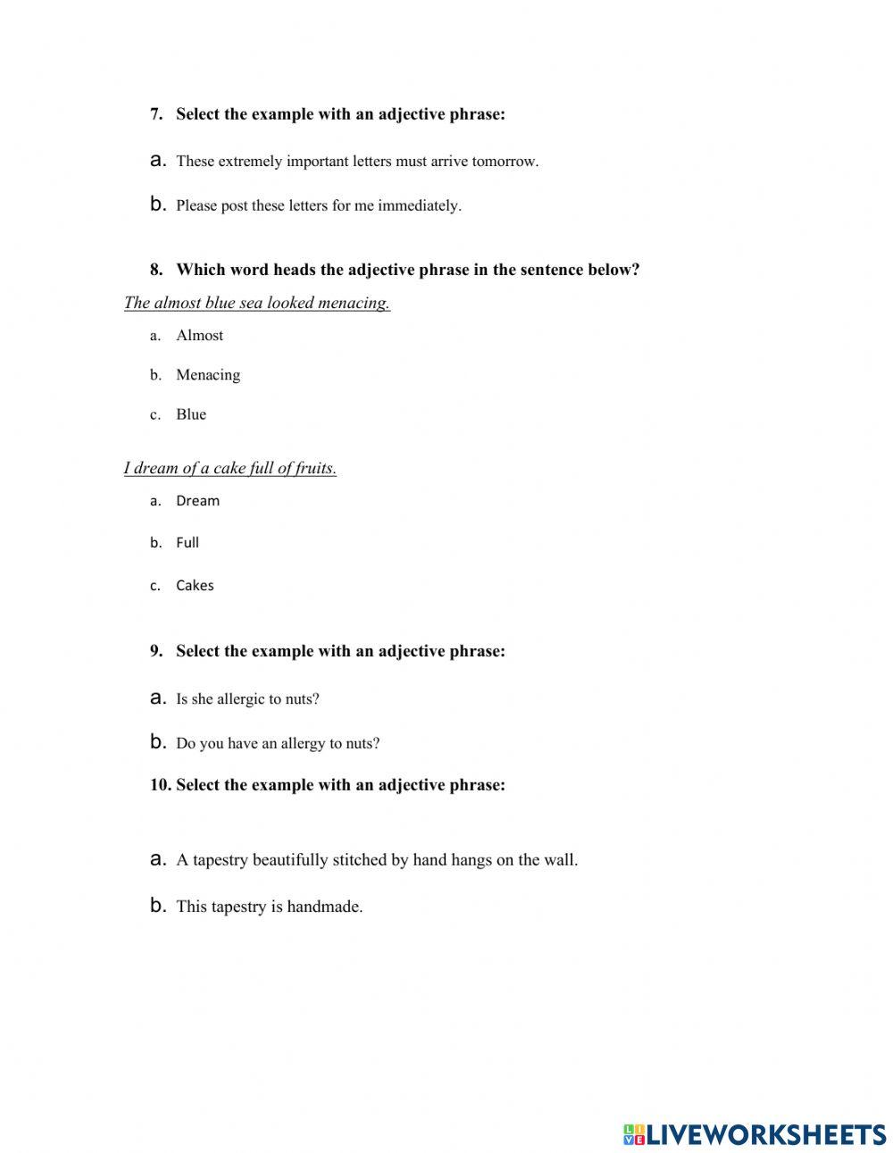 ADJECTIVE PHRASES 2 online exercise for | Live Worksheets