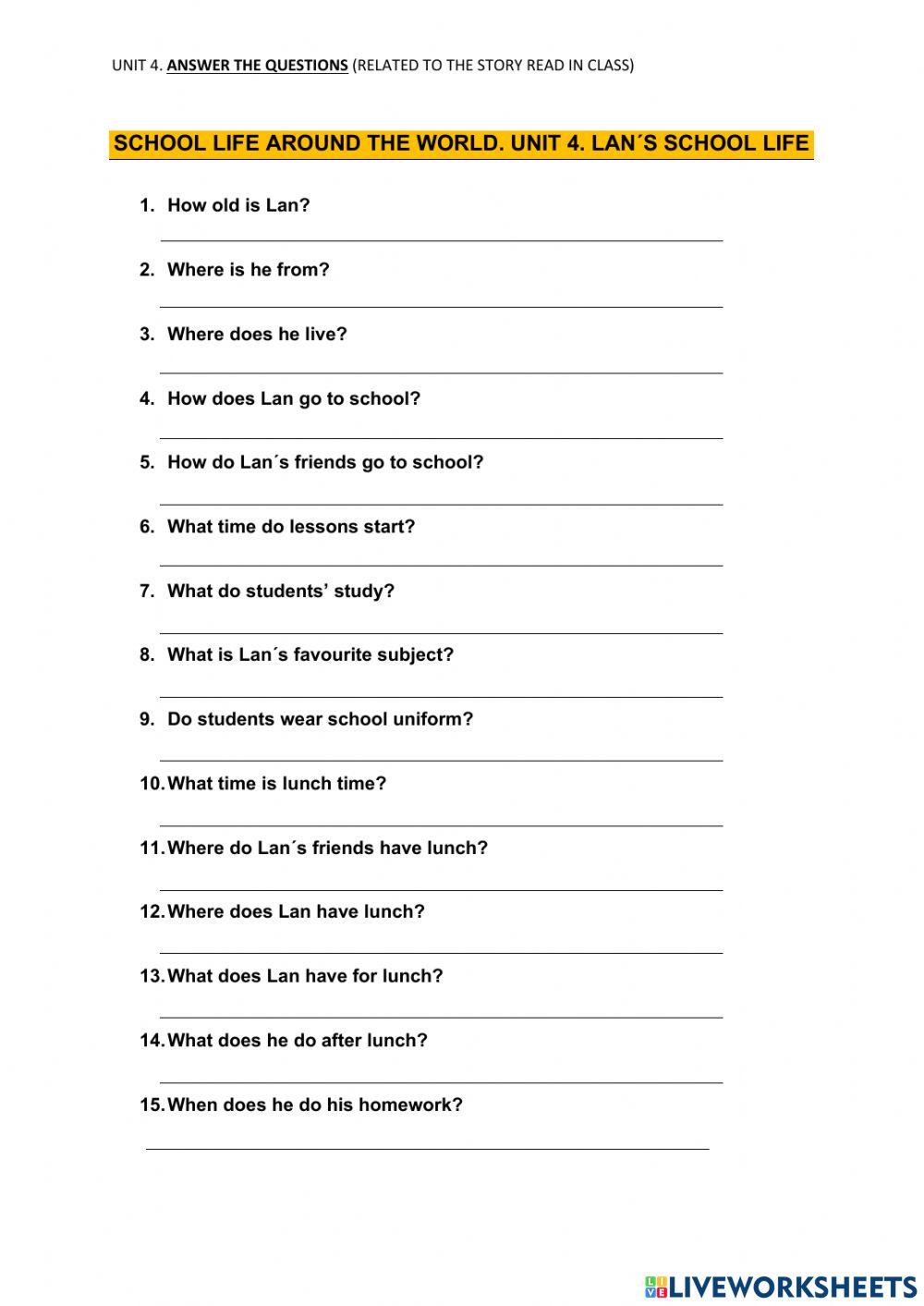 7655435 | UNIT 4. SCHOOL LIFE AROUND THE WORLD. ANSWER