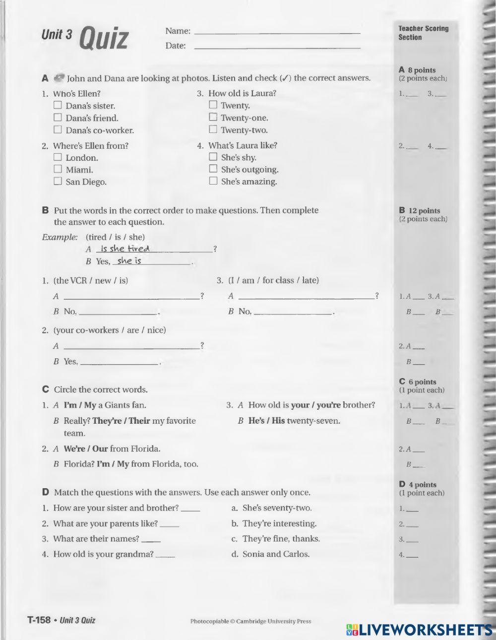 UNIT 3 QUIZ TOUCHSTONE 1 online exercise for | Live Worksheets
