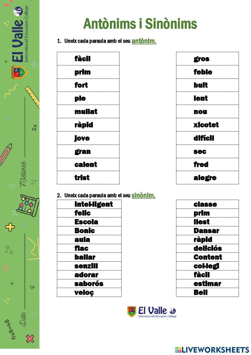 Sinònims i antò… | Free Interactive Worksheets | 2182479