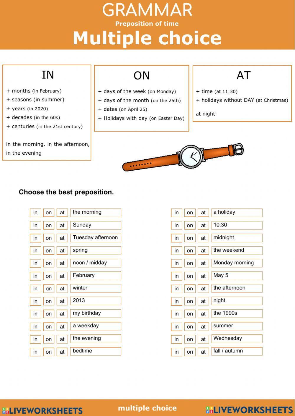 Preposition of time online exercise for elementary | Live Worksheets