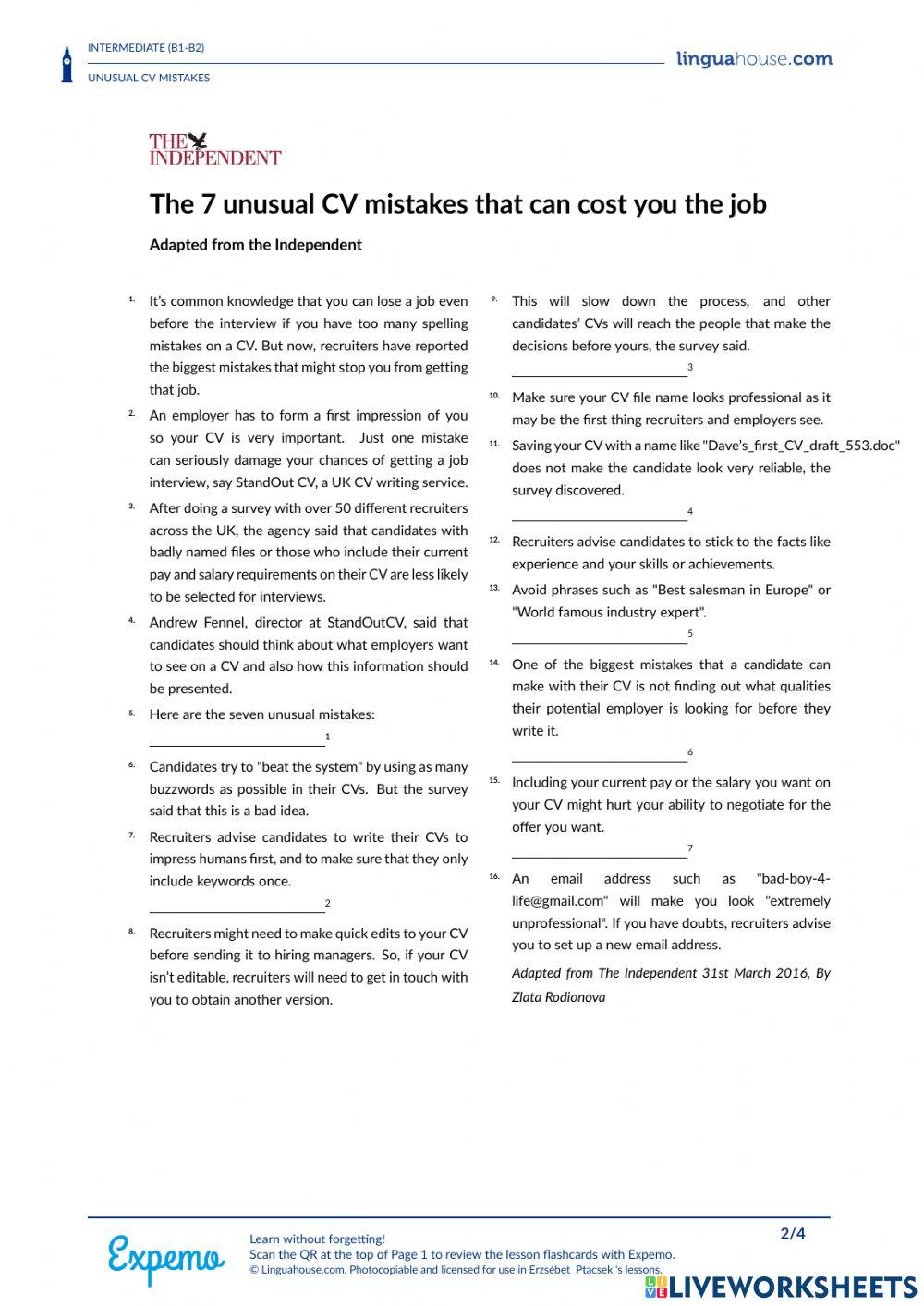 CV mistakes | Free Interactive Worksheets | 2458344