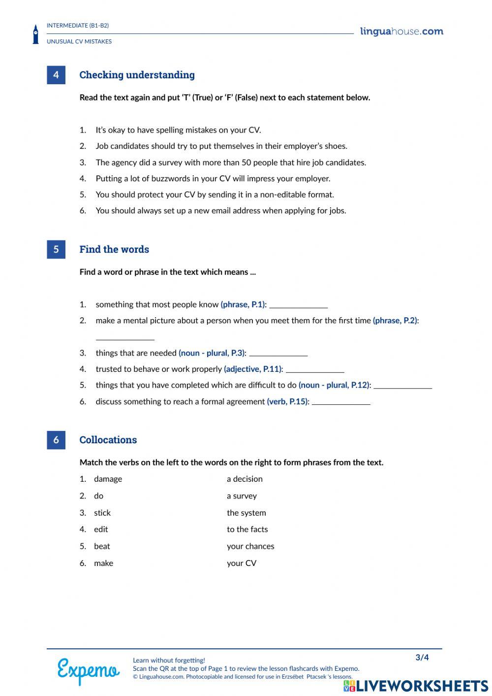 CV mistakes | Free Interactive Worksheets | 2458344