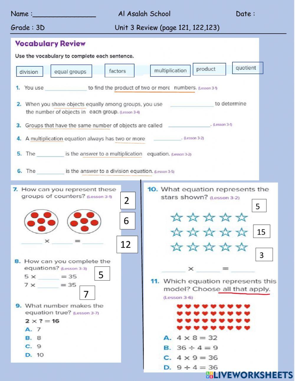 Unit 3 review online exercise for | Live Worksheets