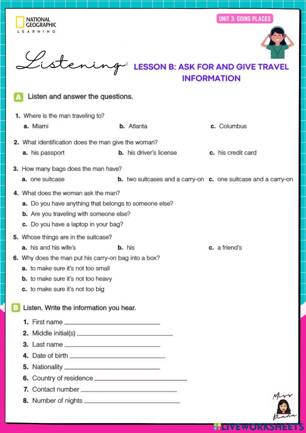 A1-005 Unit 3 Lesson B Listening: Ask for and give travel information ...