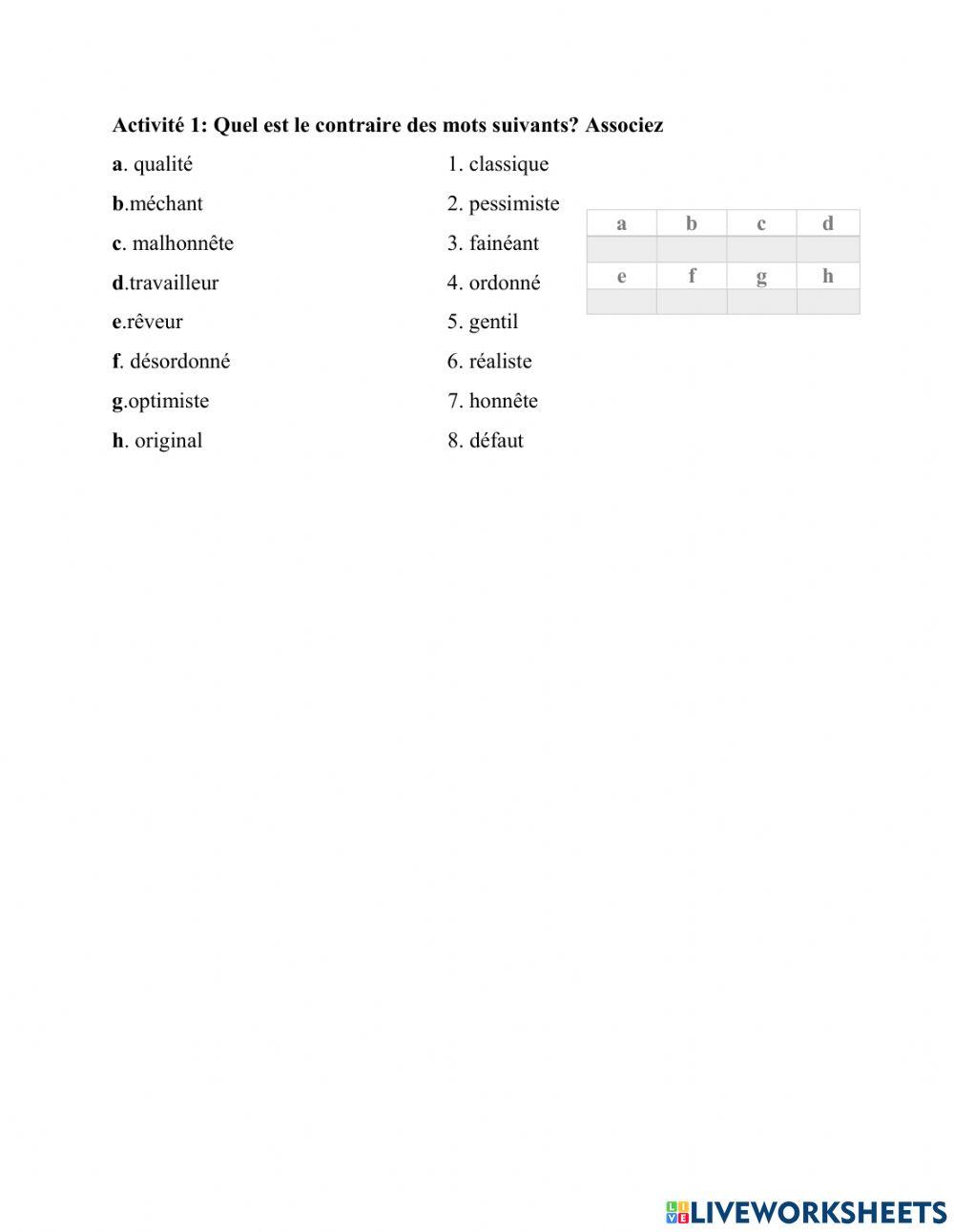 Qualite et defa… | Free Interactive Worksheets | 2183372