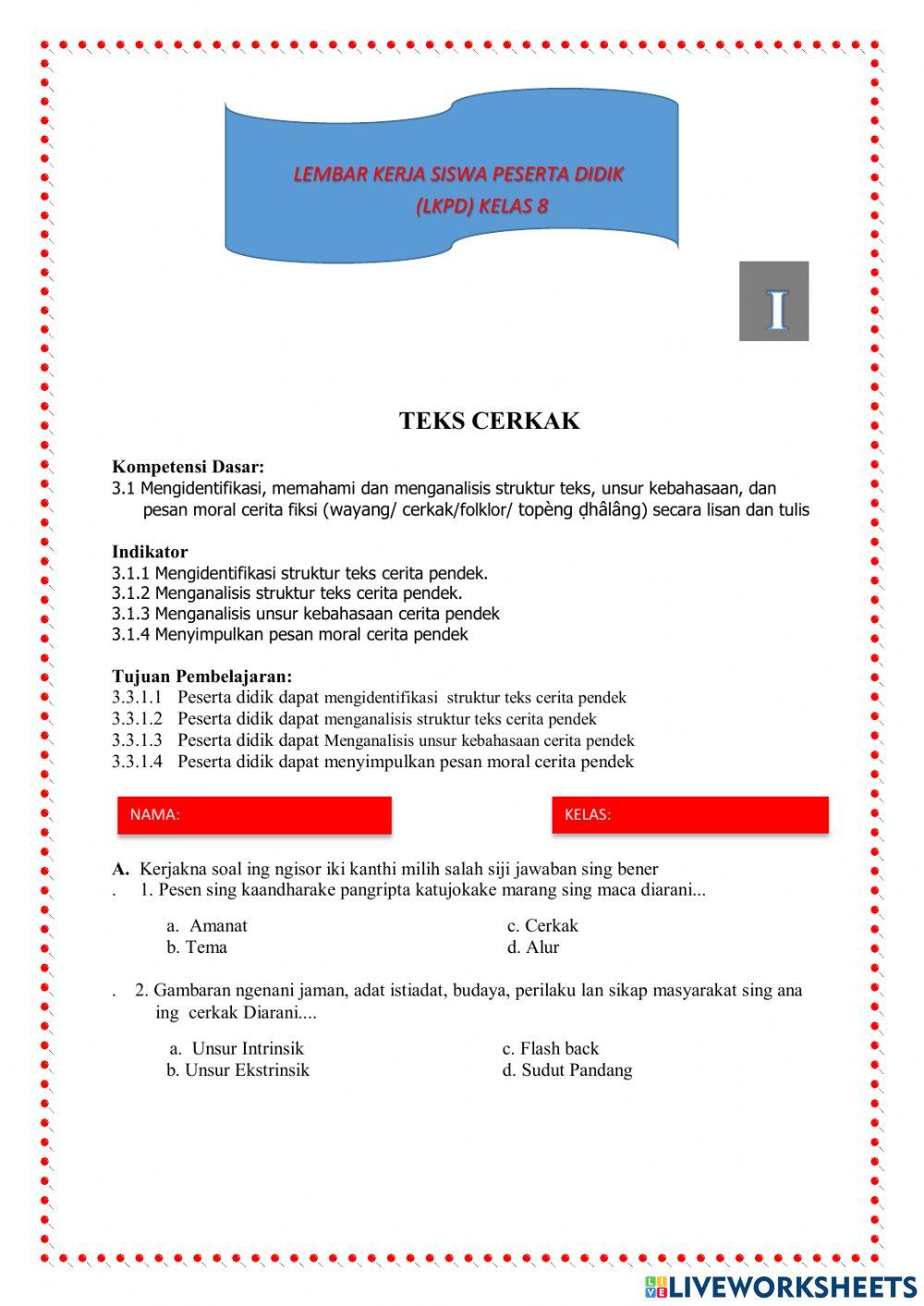 Teks cerkak worksheet | Live Worksheets