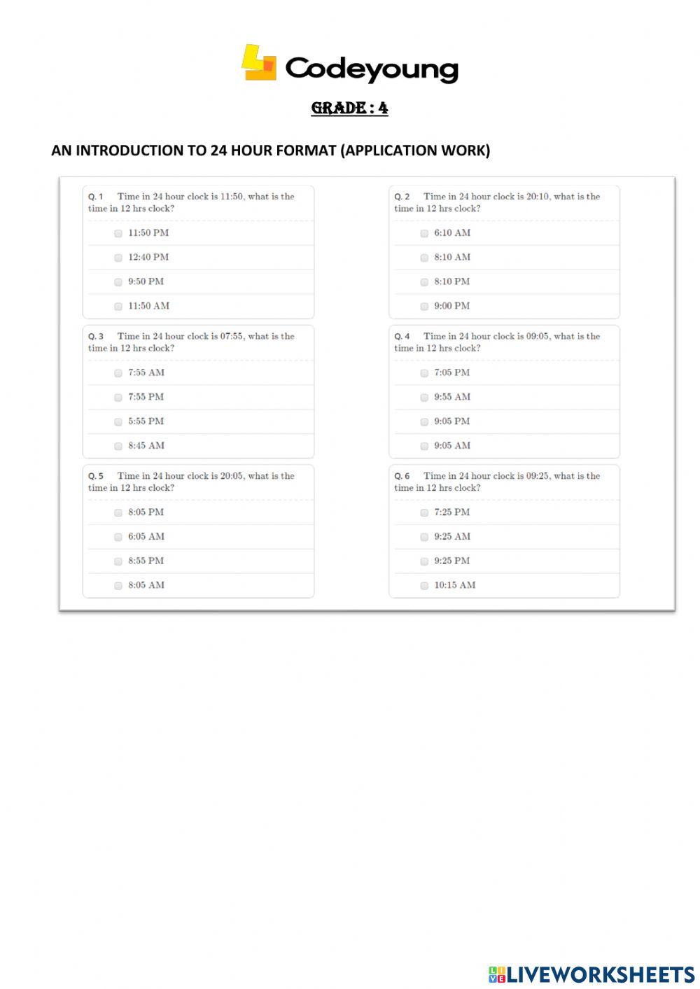 An introduction to 24 hour format (application work) worksheet | Live ...