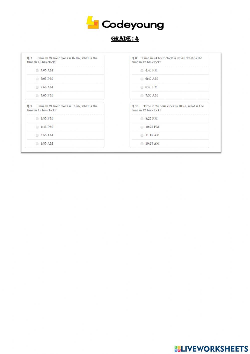 An introduction to 24 hour format (application work) worksheet | Live ...