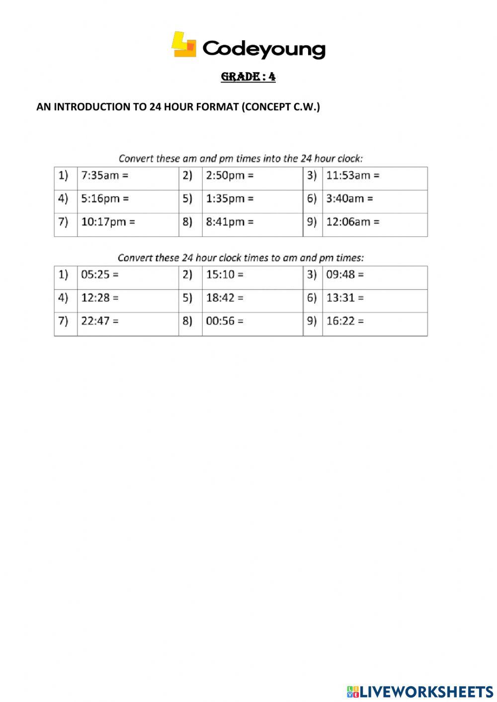 An introduction to 24 hour format (concept c.w.) worksheet | Live ...