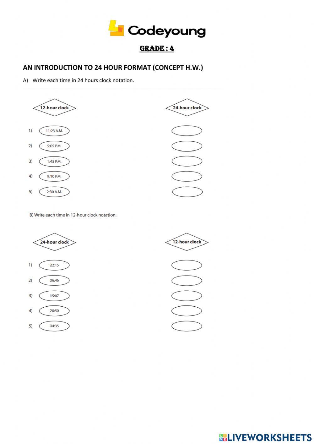 An introduction to 24 hour format (concept h.w.) worksheet | Live ...