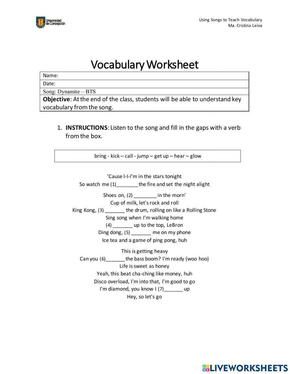 Dynamite - BTS. Vocabulary worksheet worksheet | Live Worksheets