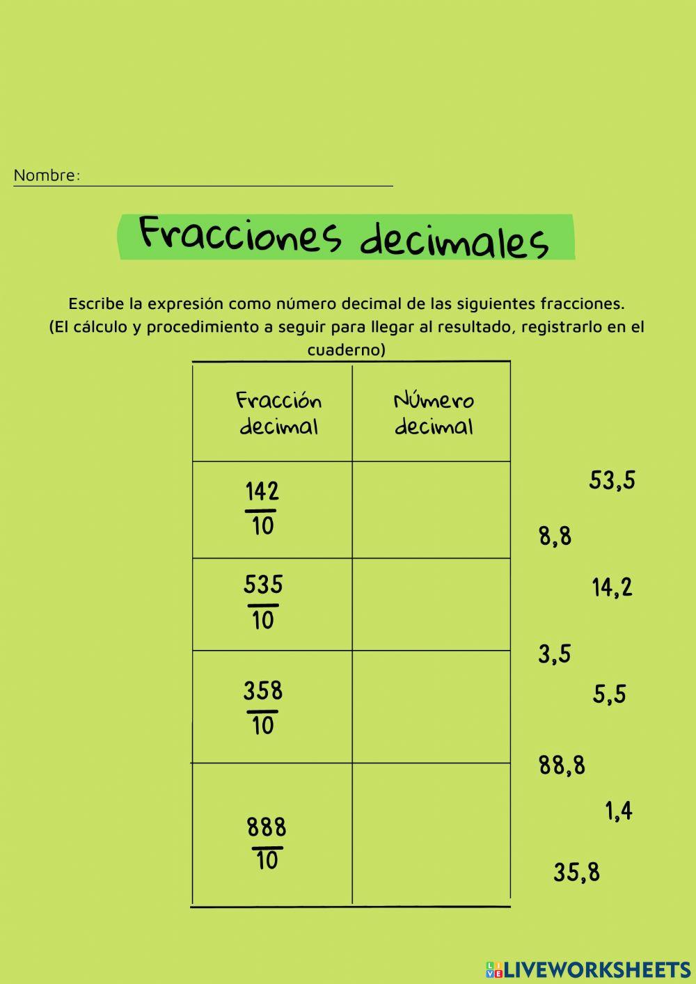 Fracciones decimales y expresión decimal worksheet | Live Worksheets