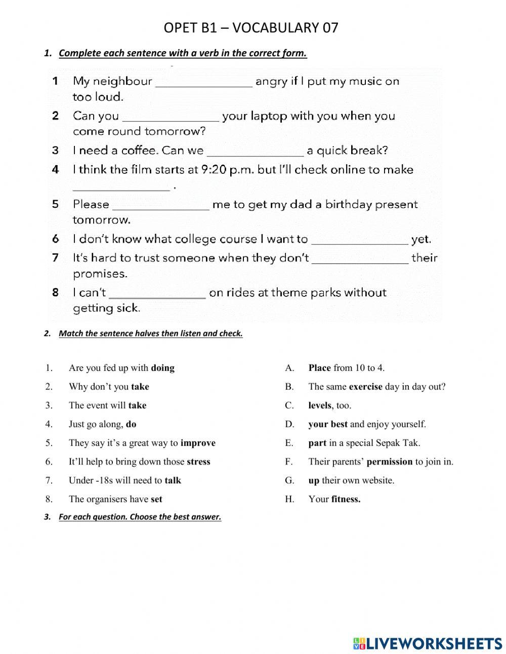 OPET B1 - vocabulary 07 worksheet | Live Worksheets