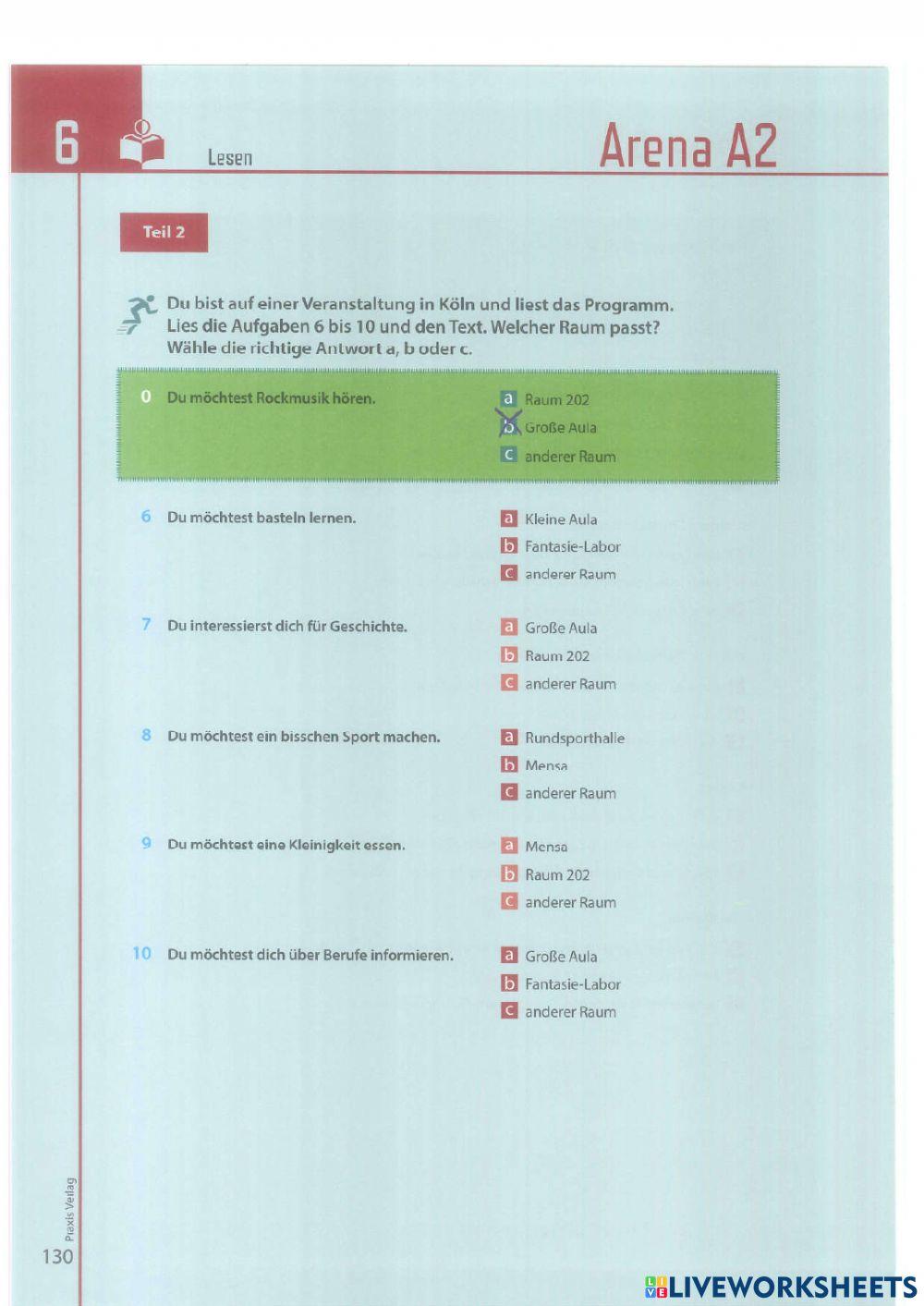 Arena A2 Test 6 Lesen online exercise for | Live Worksheets