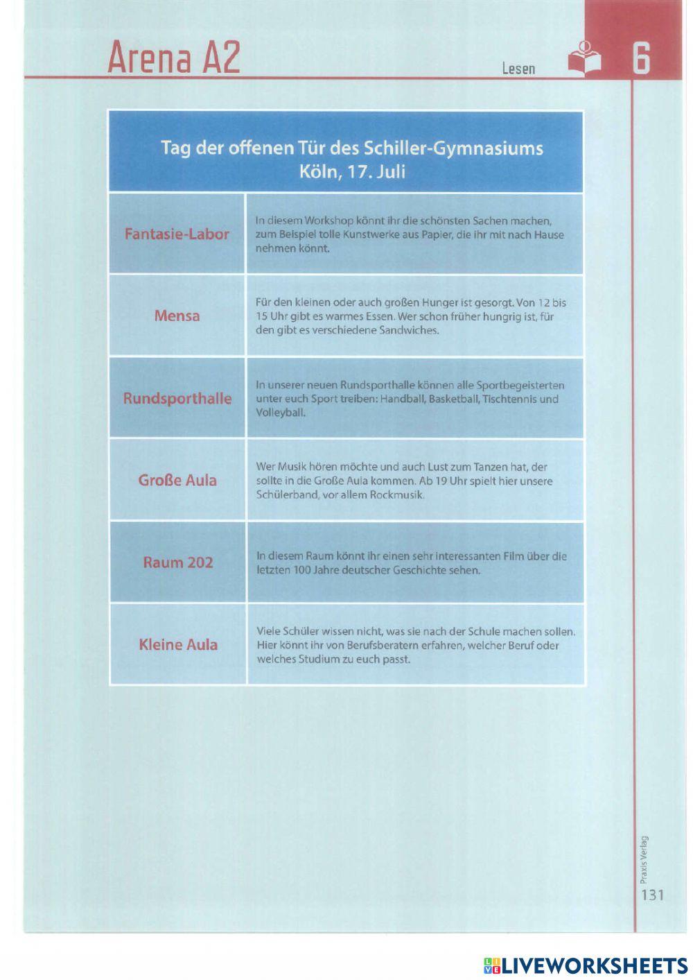 Arena A2 Test 6 Lesen online exercise for | Live Worksheets