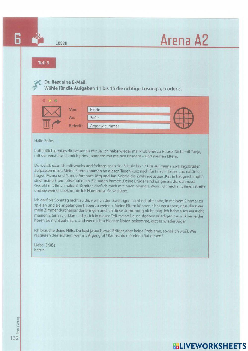 Arena A2 Test 6 Lesen online exercise for | Live Worksheets