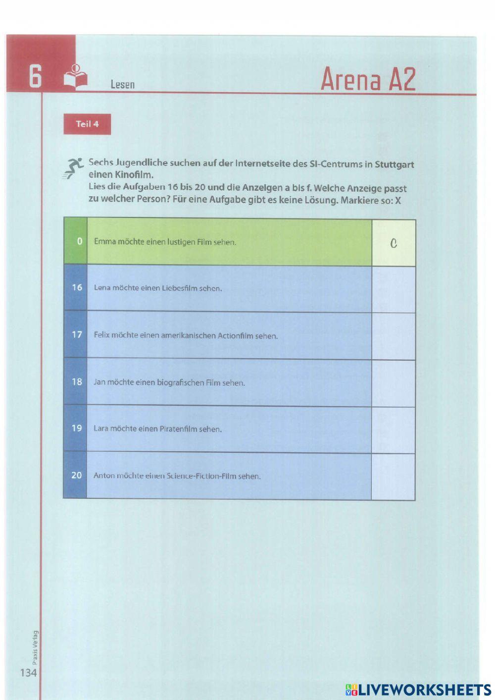 Arena A2 Test 6 Lesen online exercise for | Live Worksheets