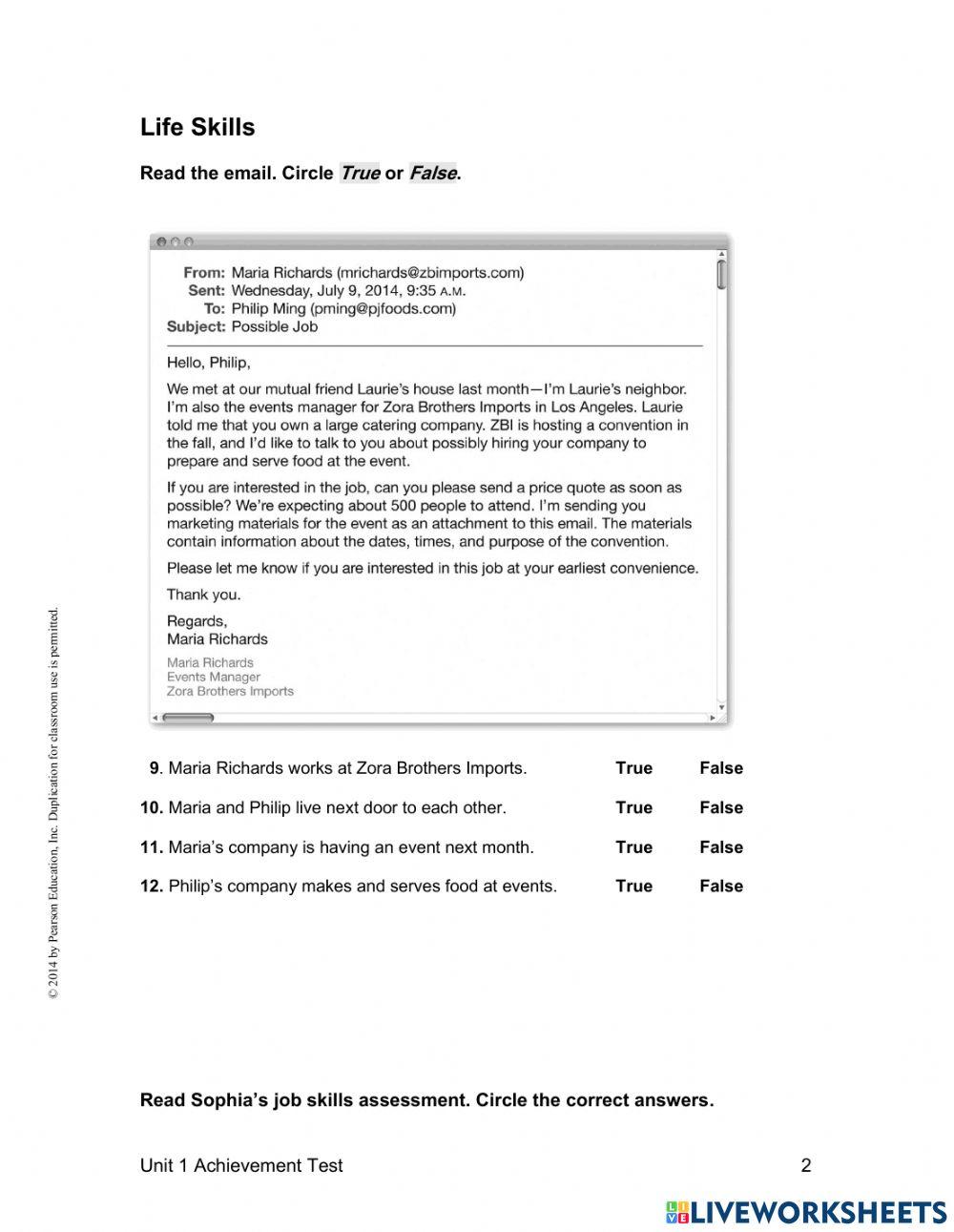 Project Success 5 Unit 1 Achievement Test online exercise for | Live ...