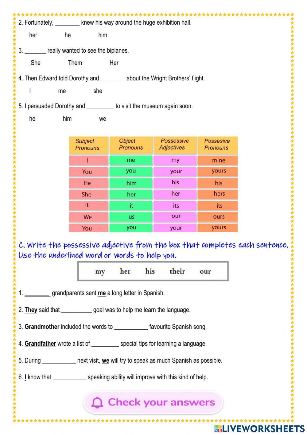 AET Formative work on Pronouns A2 2185032 | mjomarkes