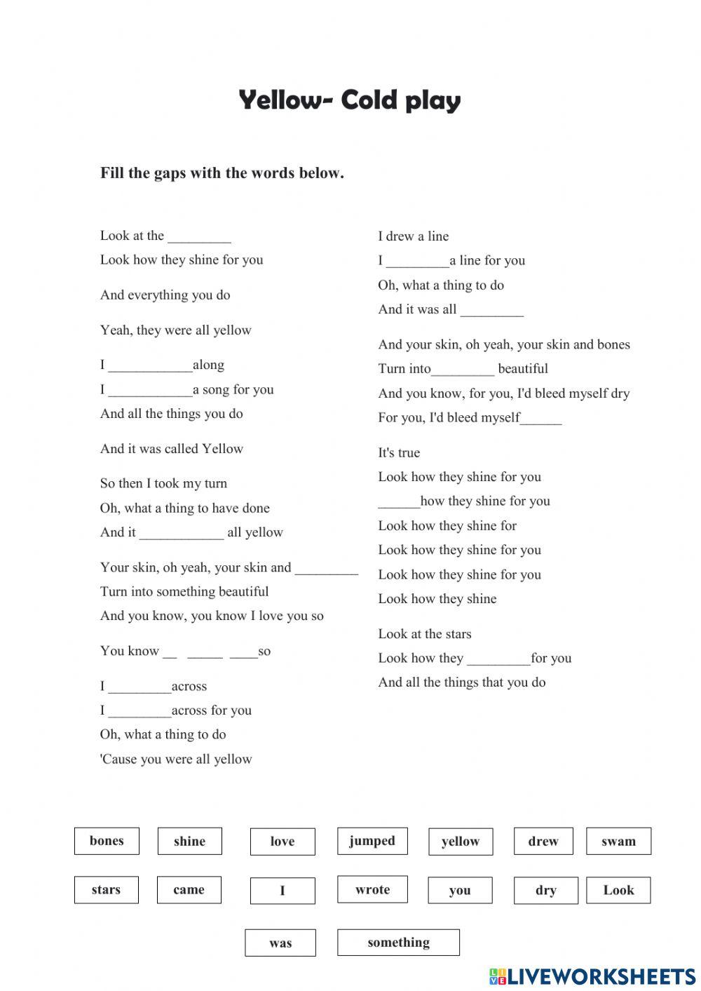 Yellow song- Vocabulary and past simple worksheet | Live Worksheets