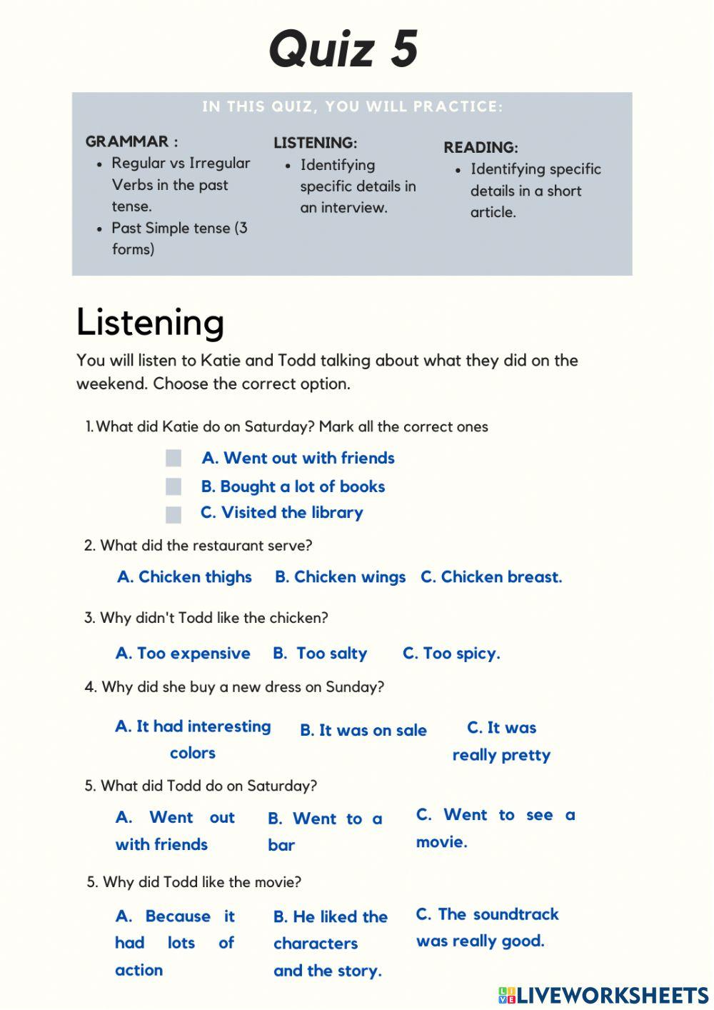 Quiz- Past Simple worksheet | Live Worksheets